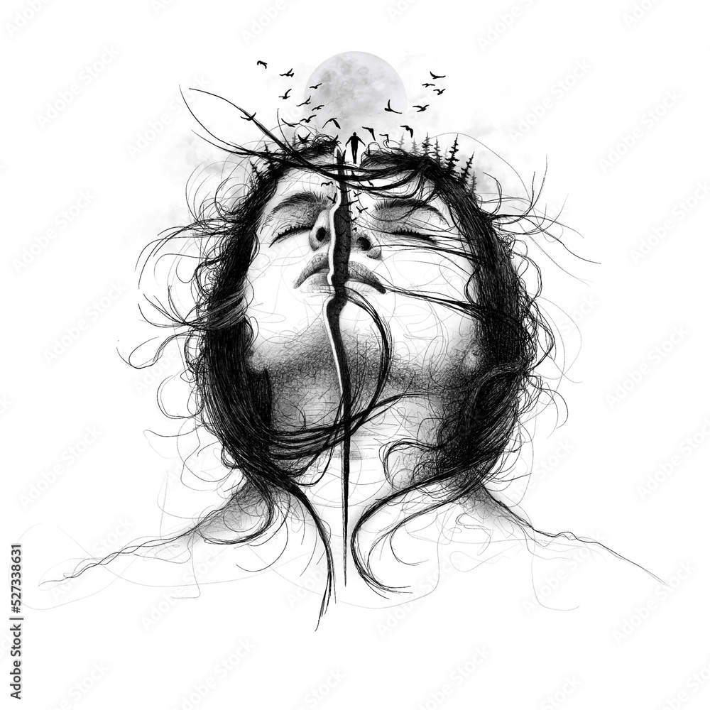 Sad girl digital illustration, hand drawn sketch Stock Illustration ...