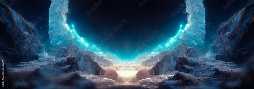 Abstract fantasy glacial winter cold neon landscape. Winter snowy ...