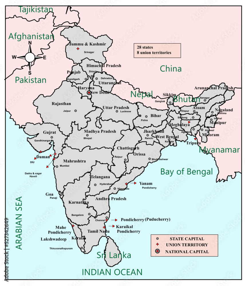 Indian political outline only map with clearly defined borders, all ...