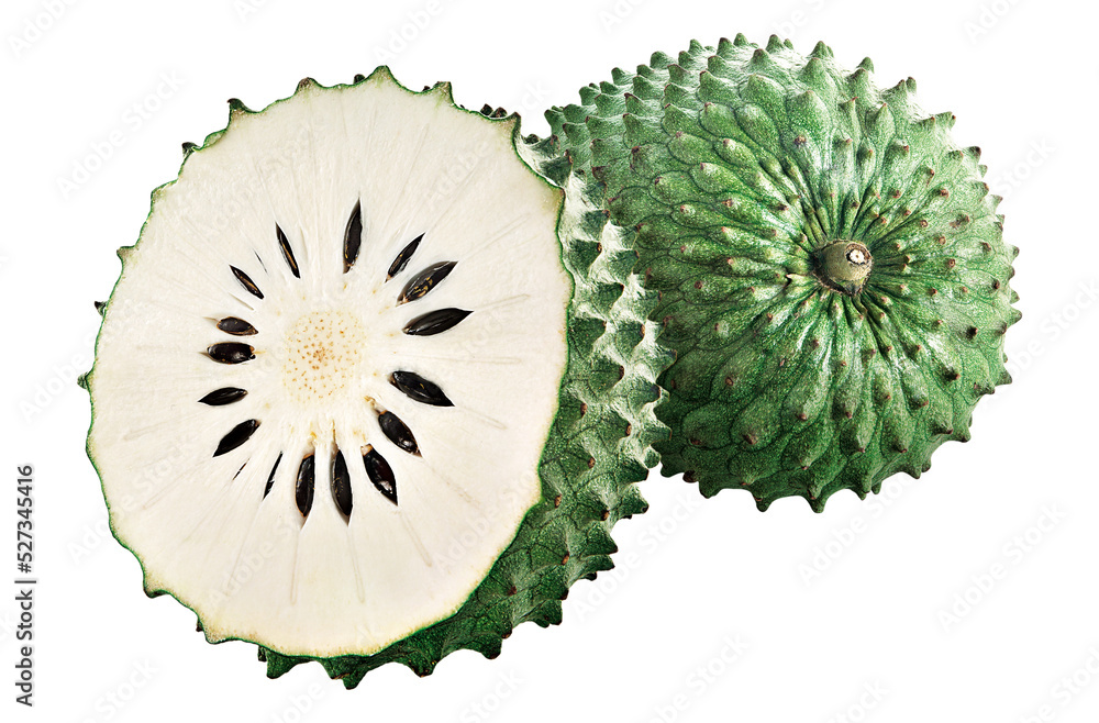 Graviola cortada e graviola inteira em fundo branco - Annona muricata ...