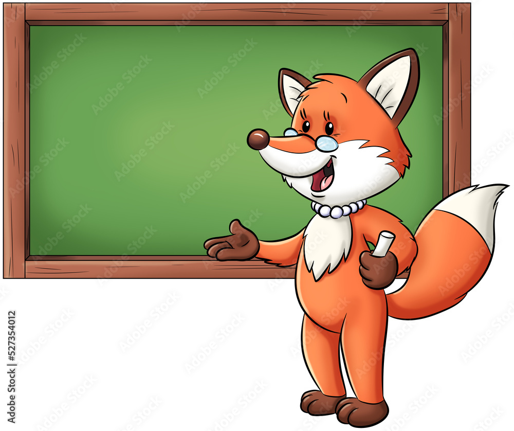 Fuchs Lehrerin mit einem Stück Kreide in der Pfote vor einer Tafel ...