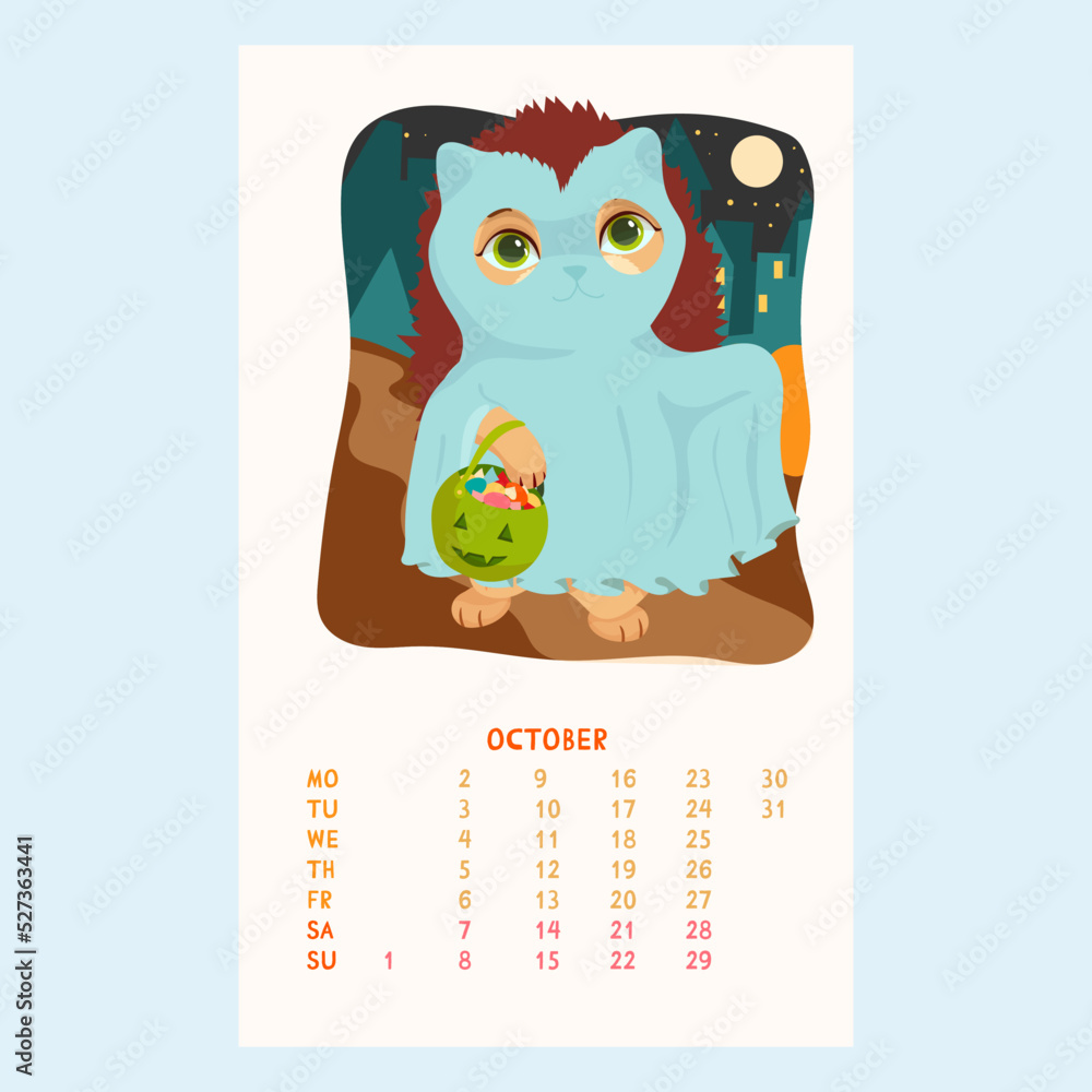 Calendar for 2023 with cute Hedgehog. A Hedgehog in a ghost costume ...