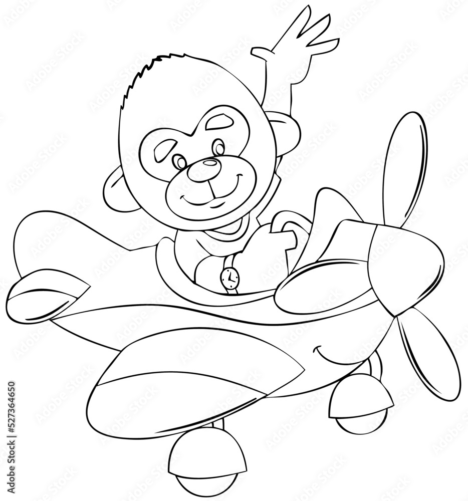 Monkey in the plane. Element for coloring page. Cartoon style. Stock ...