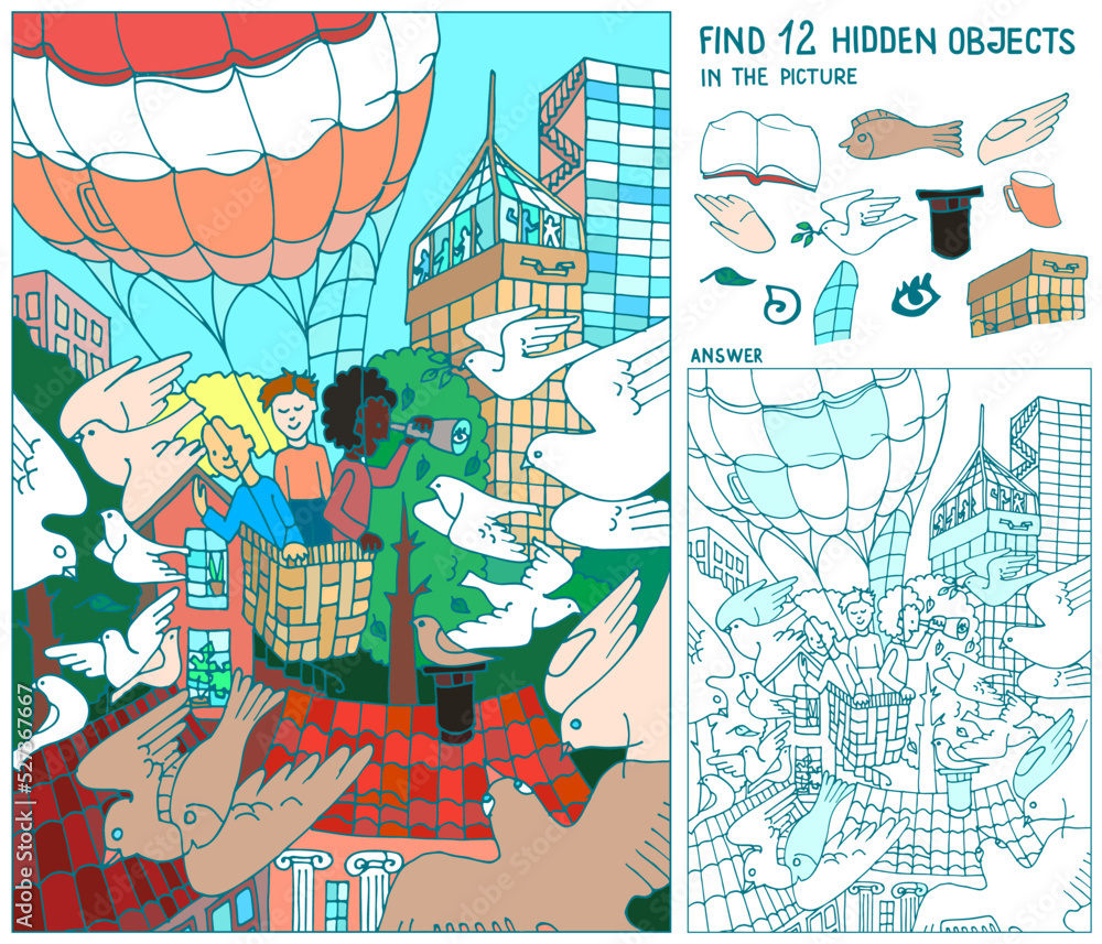 Find hidden objects. People fly Air balloon in the city above the ...