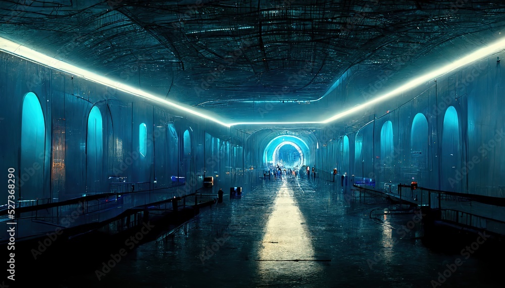 Raster illustration of old abandoned underground bunker with people ...