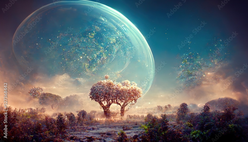 Raster illustration of greens planet with falling planet from space ...