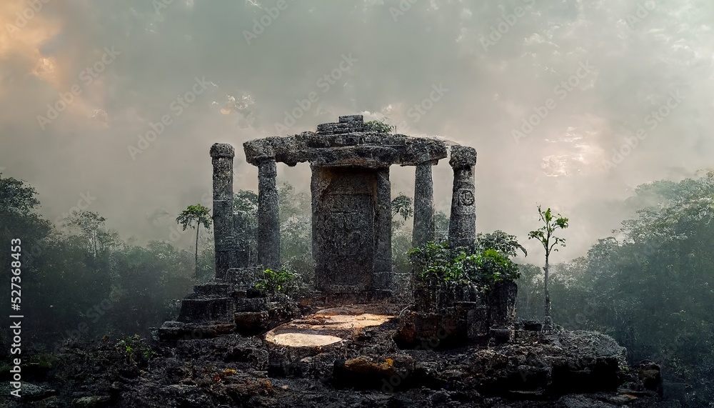 Raster illustration of old ruined buddhist altar. Altar, temple, runes ...