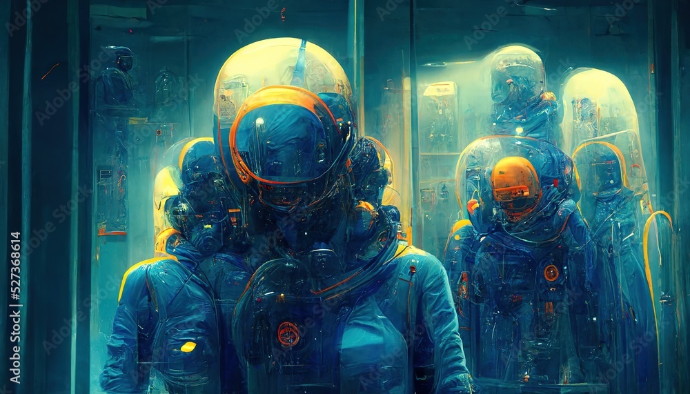 Raster illustration of spaceman in a spacesuit. Cyberpunk rocket ...