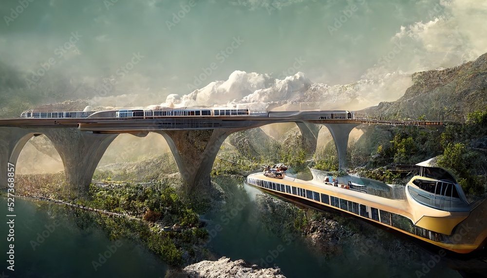 Raster illustration of steamboat under the bridge on which the train ...