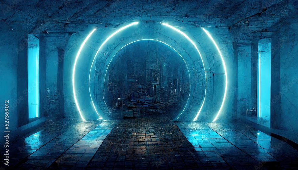 Raster illustration of a portal in an underground bomb shelter. Magic ...