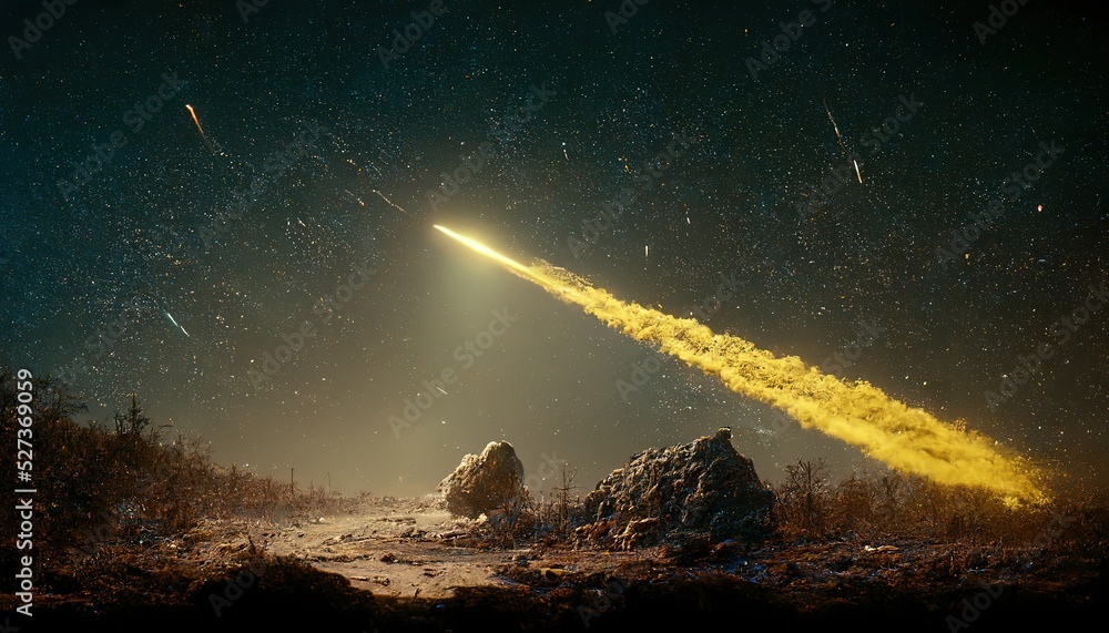 Raster illustration of falling meteoriteto an uninhabited planet ...