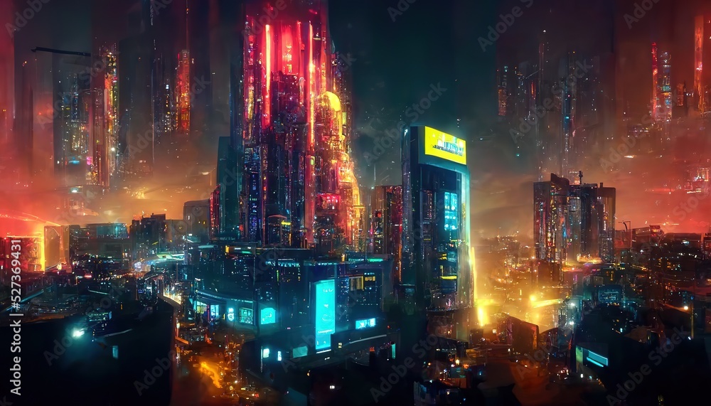 Raster illustration of distant future night city with tall skyscrapers ...