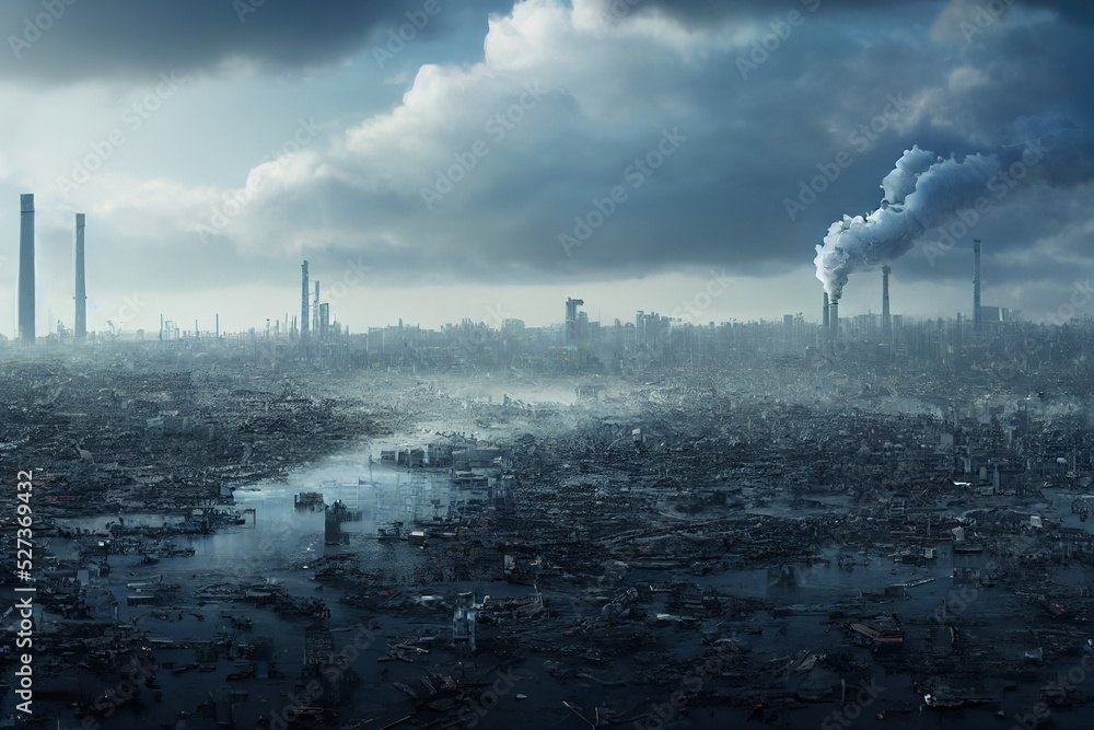 utopian climate change landscape, smoke, industrial background, power ...