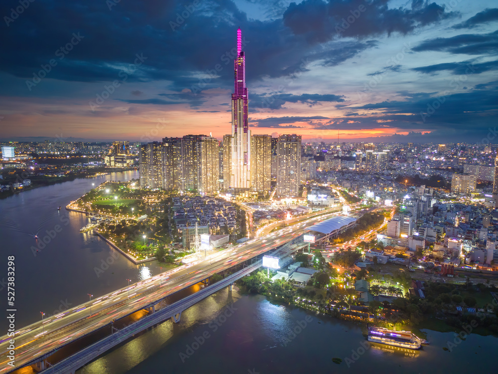 Aerial sunset view at Landmark 81 - it is a super tall skyscraper and ...