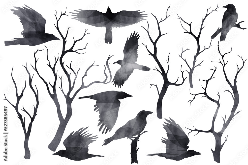 PNG hand drawn black watercolors ravens in different poses, flying ...
