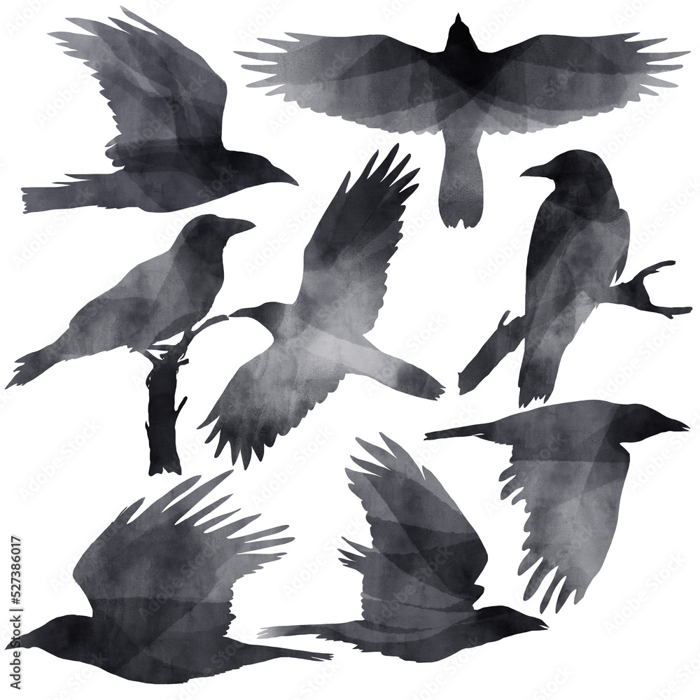 Set of black watercolors ravens in different poses, flying black birds ...