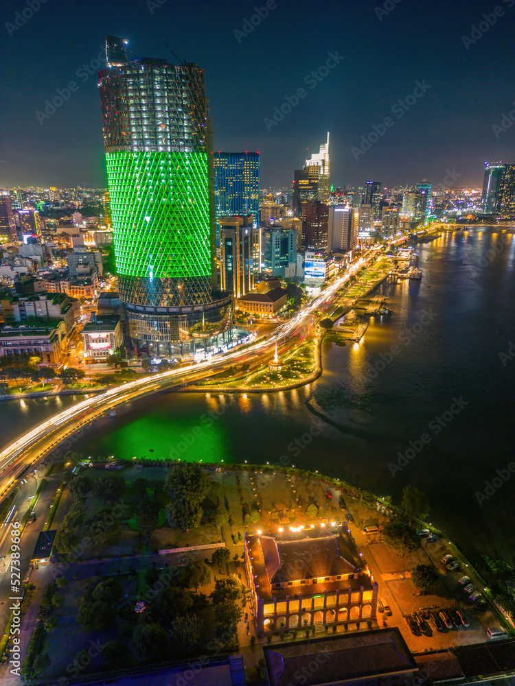 Aerial view of Bitexco and IFC One Saigon Tower, buildings, roads, Thu ...