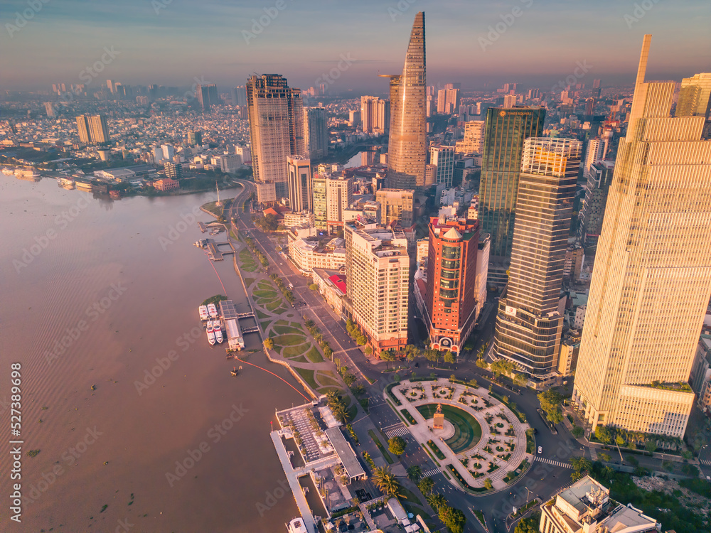 Aerial view of Bitexco and IFC One Saigon Tower, buildings, roads, Thu ...