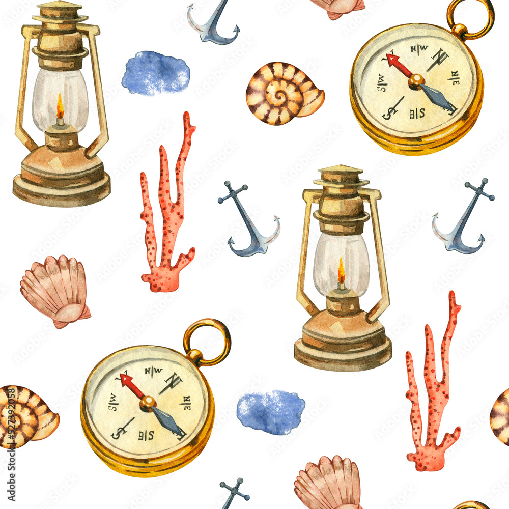 Seamless pattern on a marine theme, shells, compass, kerosene lamp ...