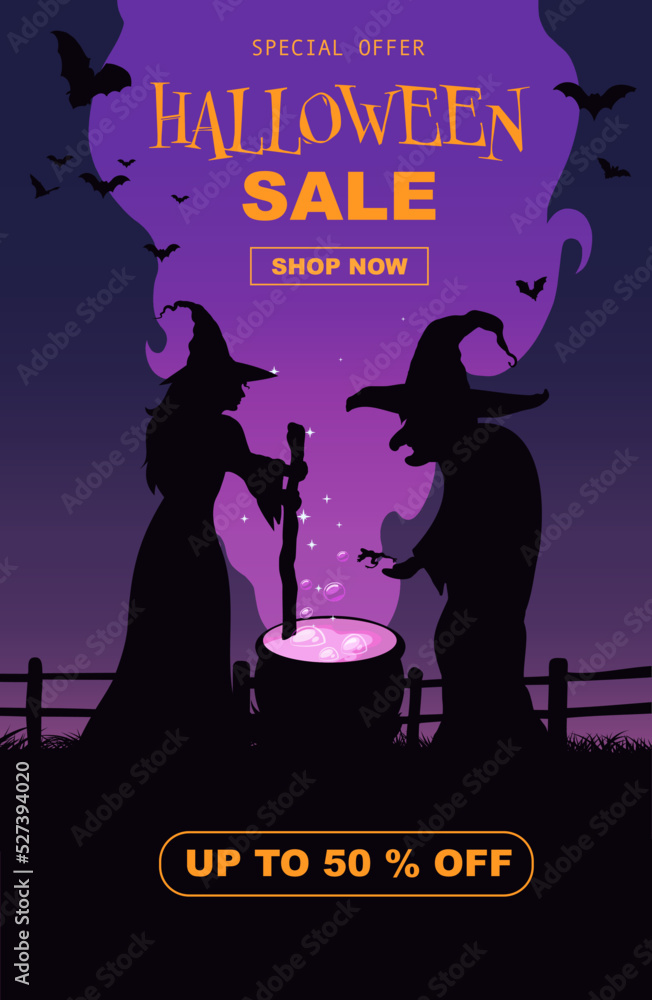 Halloween promo sale flyer with Halloween elements. Witches brew potion ...