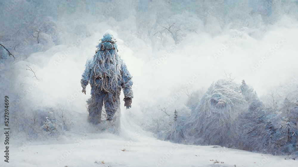 Yeti in the snow covered Himalaya mountains, mysterious furry creature ...