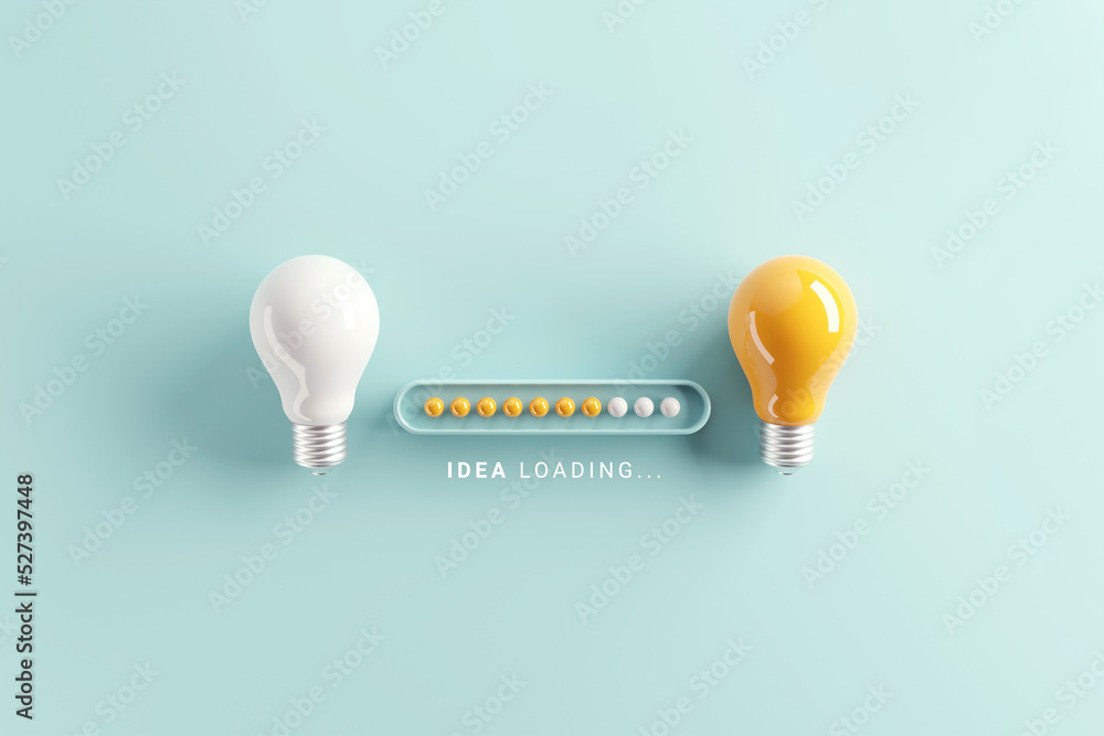 Idea Loading, Loading bar almost complete with idea being processed on a light bulb on blue ...