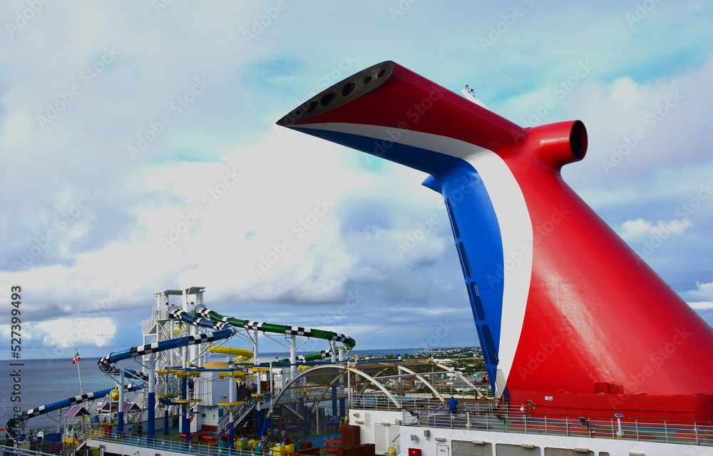 The iconic red, white and blue logo on the smoke stack of a Carnival cruise ship. Stock Photo ...