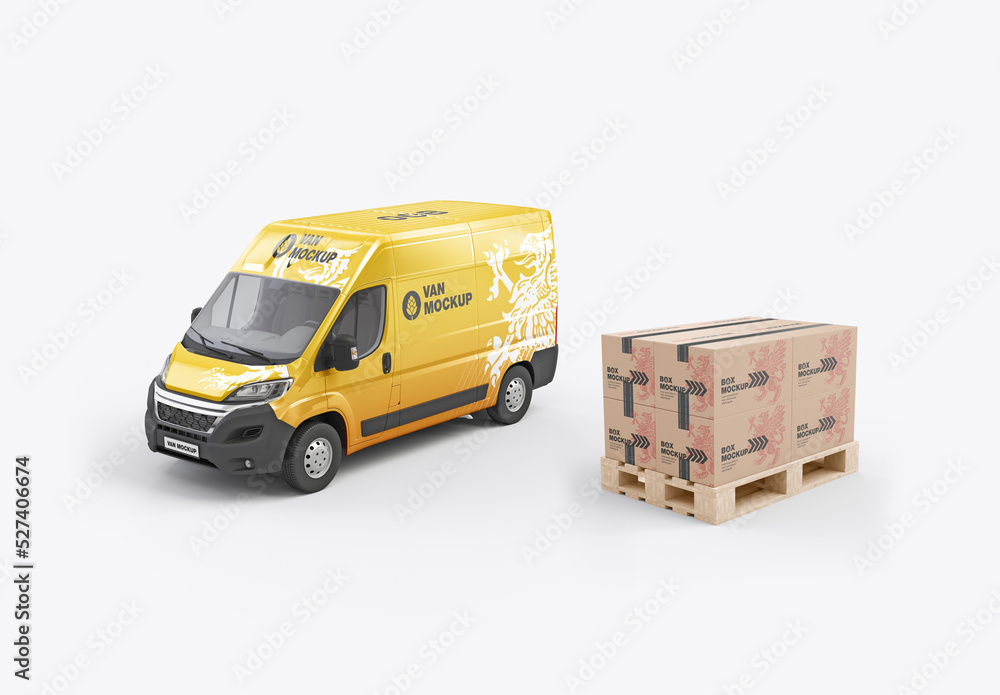 Panel Van with Pallet and Boxes Mockup Stock Template | Adobe Stock