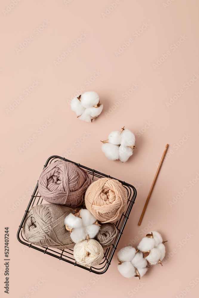 Craft hobby background with yarn in natural colors. Recomforting hobby ...