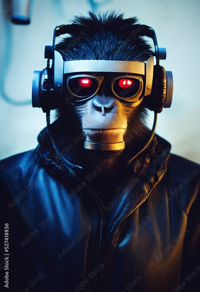 Realistic portrait of a sci-fi cyberpunk monkey in a cyber suit. High ...