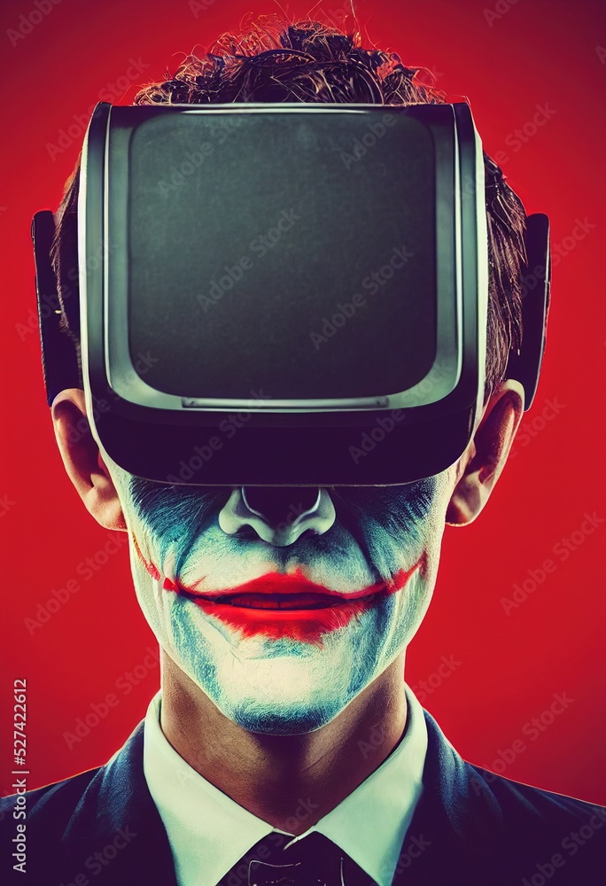 Portrait of a man with a creepy smile wearing virtual goggles. A creepy ...