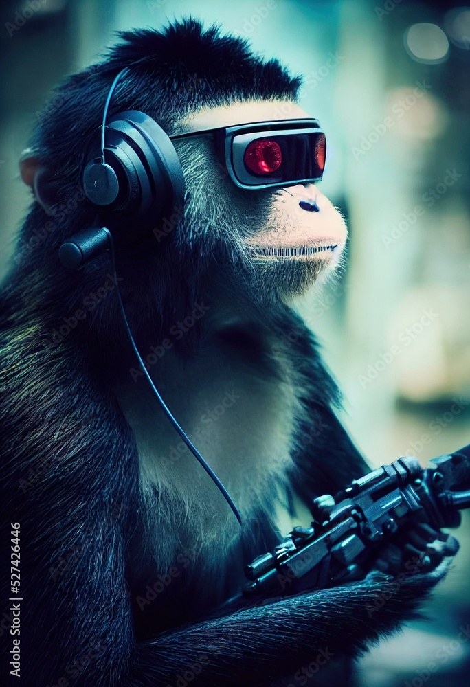 Realistic portrait of a sci-fi cyberpunk monkey in a cyber suit. High ...
