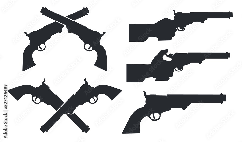 Hand with classic wild west pistol Silhouette. Hand with a gun stencil ...