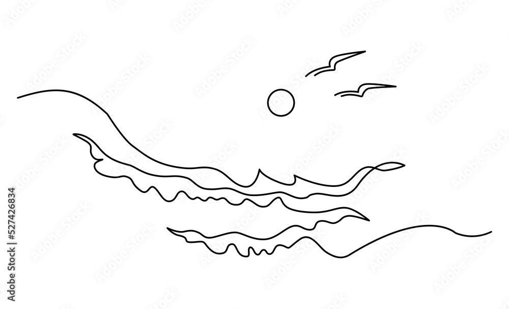 Seascape with waves, seagulls and sun. Continuous line drawing. Linear ...