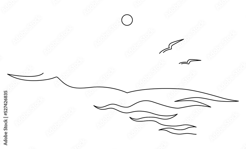 Seascape with waves, seagulls and sun. Continuous line drawing. Linear ...