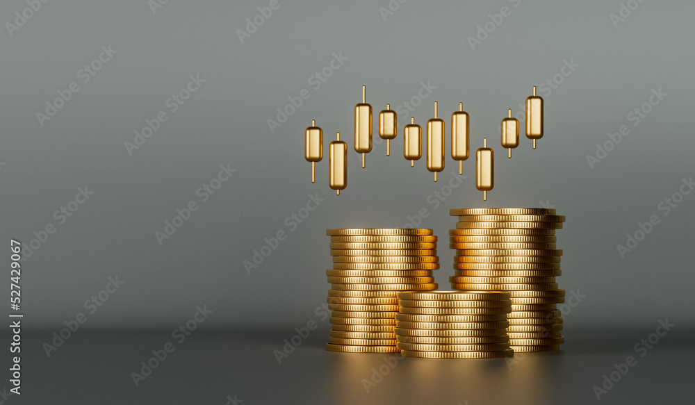 Gold stock market investment trading graph with a stack of gold coins ...