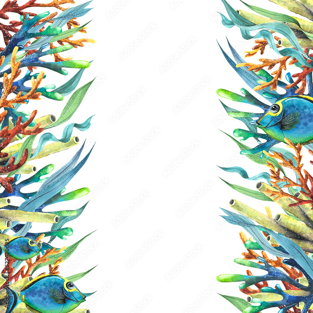 Frame with corals, algae, fish. Bright, watercolor illustration. For ...