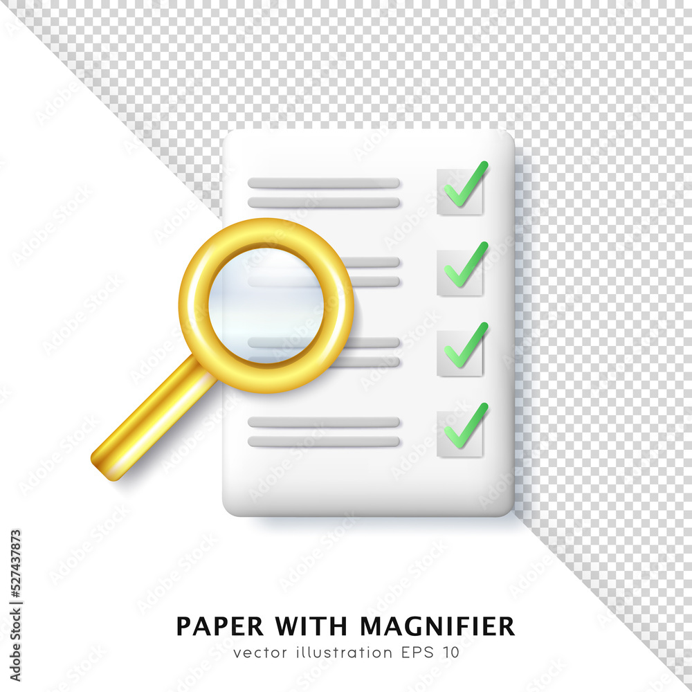 3d bright yellow magnifying glass and white paper sheet with green ...