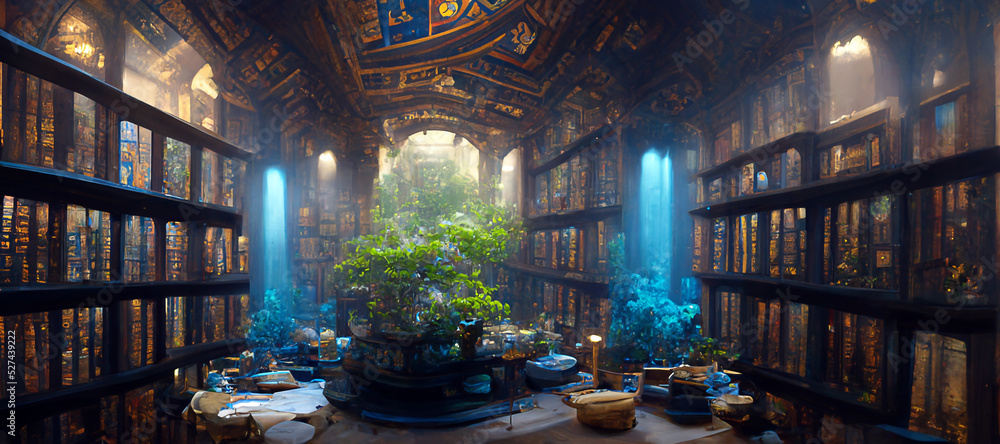 library interior a photorealistic magical ancient Digital Art ...
