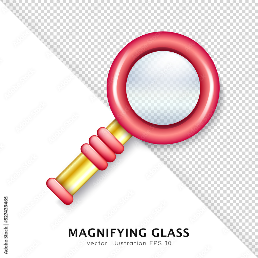 3d bright red magnifying glass with silver handle. Top view of glossy ...