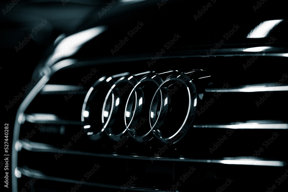 Audi Logo on the front bumper grill. Stock Photo | Adobe Stock