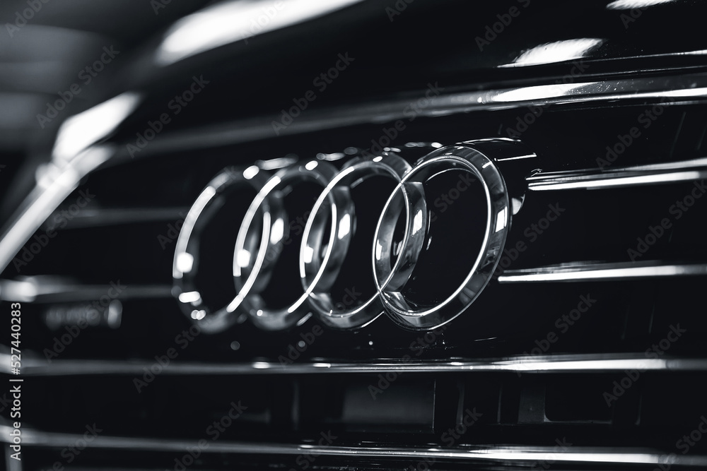 Audi Logo on the front bumper grill. Stock Photo | Adobe Stock