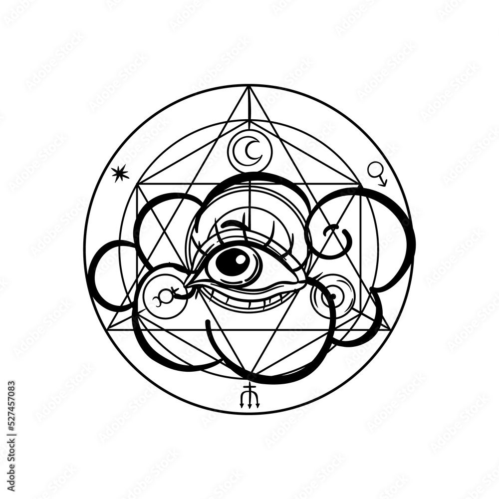 Crescent moon, all seeing eye, lightning bolts over ornate cloud and ...