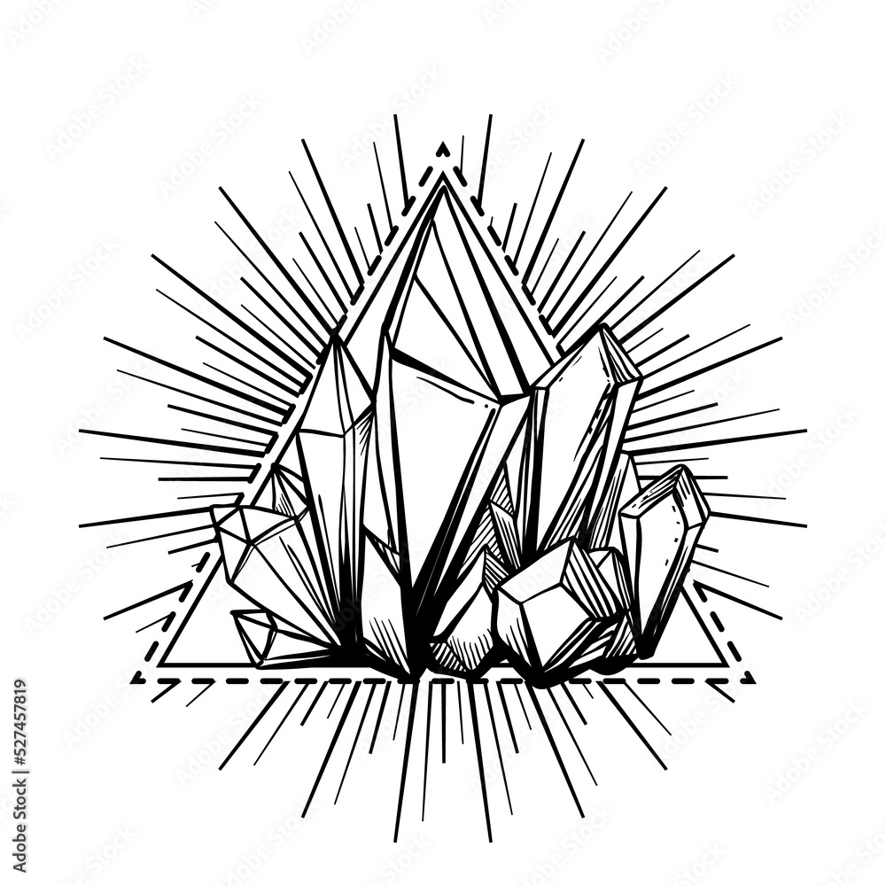 Hand drawn crystal gem over triangle with rays isolated on white ...