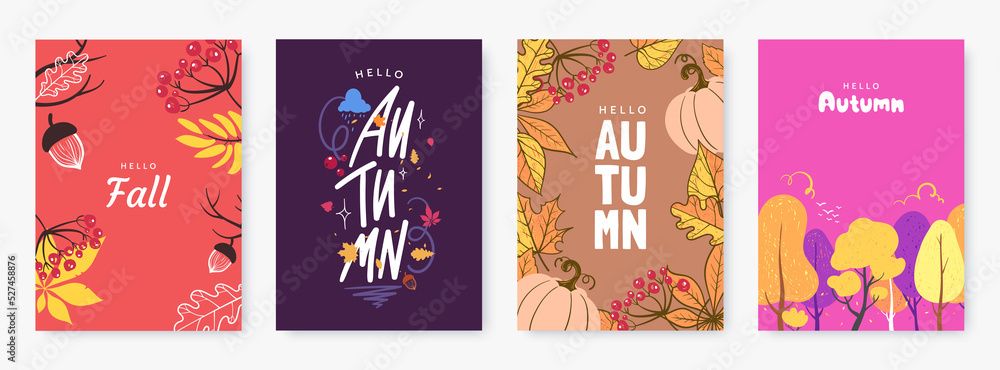 Autumn season poster collection. Abstract illustrations with autumn ...