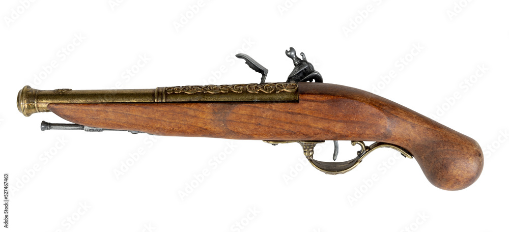18th or 19th century wooden flintlock pistol replica lying on it's side ...