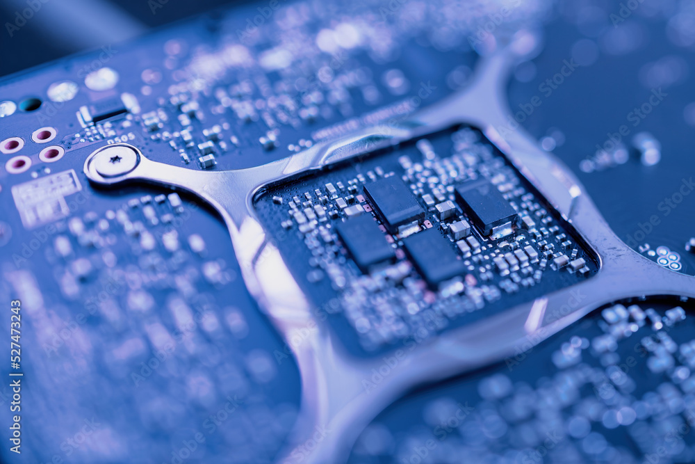 Tilt-shift lens view of capacitors on workstation professional video ...