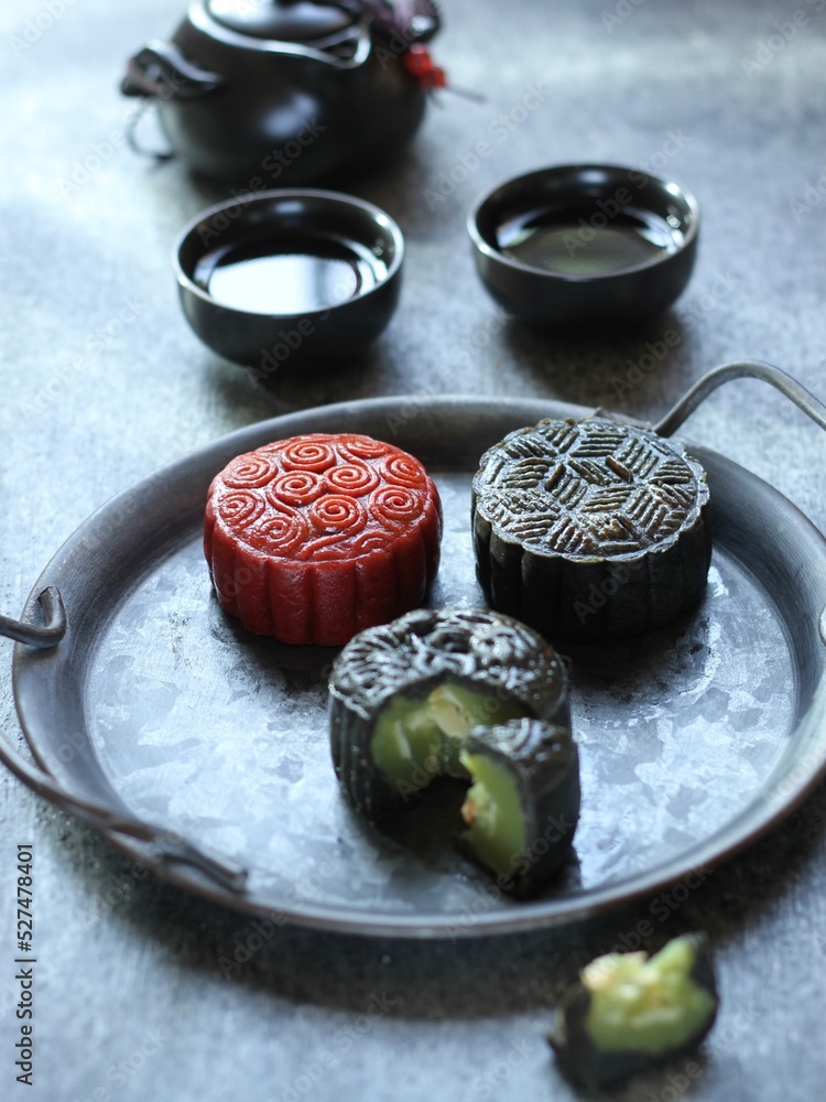 High Angle Of Traditional Red And Black Mooncake On The Rough Grey ...