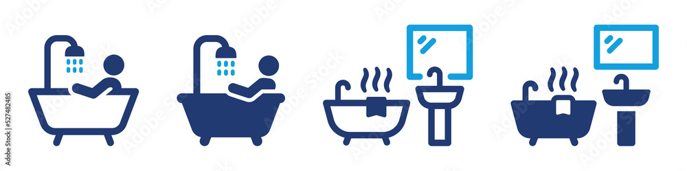 Shower bath icon set. Containing bathtub, bathroom, showering and ...