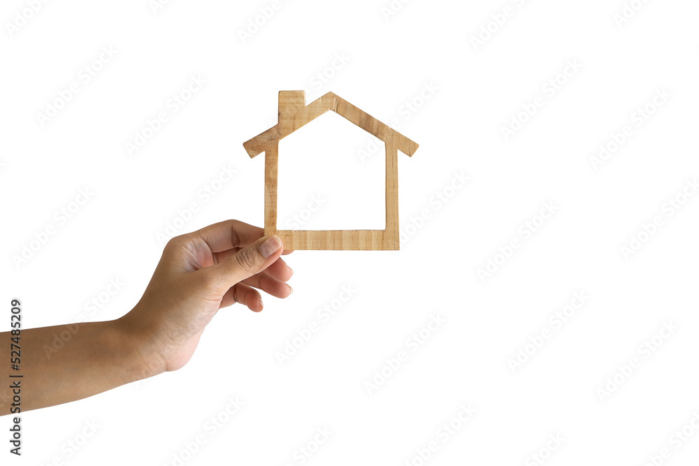 Female hand holding house isolated on white background. Hand holding ...